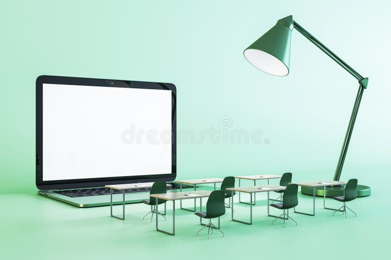 Creative Classroom with Empty Laptop Chalkboard on Green Background ...
