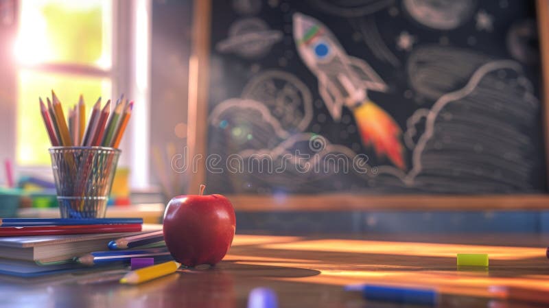 Creative Classroom Scene with Apple and Rocket Drawing - Generative AI ...