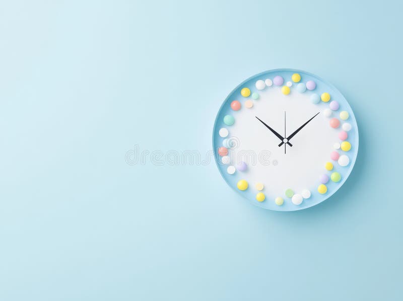 Creative Clock Design with Colorful Candy on Blue Background.. Stock ...