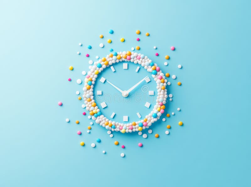 Creative Clock Design with Colorful Candy on Blue Background.. Stock ...