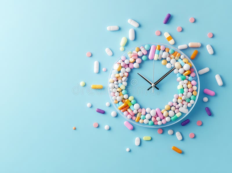 Creative Clock Design with Colorful Candy on Blue Background.. Stock ...