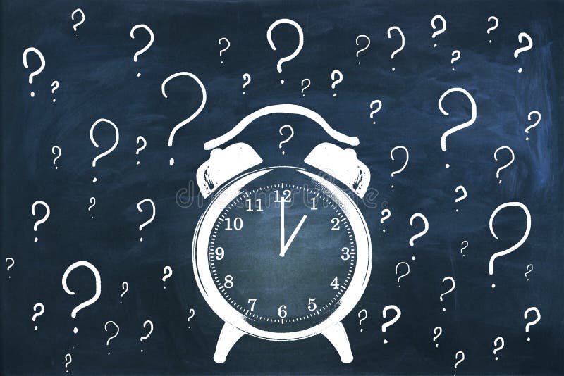 Creative Clock and Question Marks Sketch on Chalkboard Wall Text Stock ...