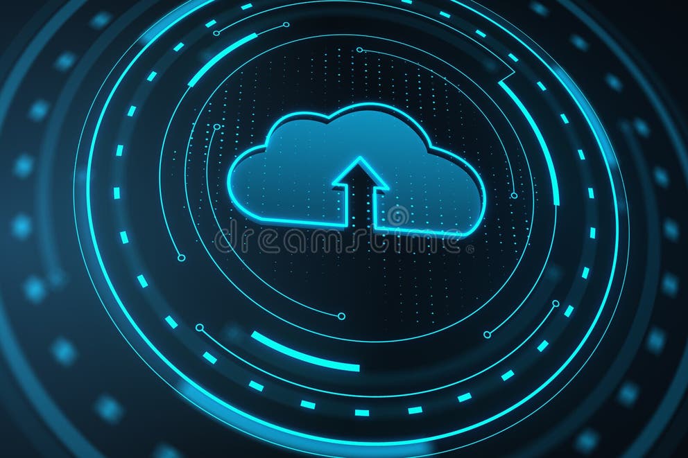 Creative Cloud Computing Hologram on Blurry Dark Blue Backdrop. Server ...