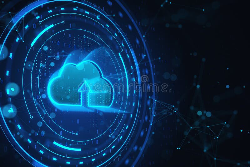 Creative Cloud Computing Hologram on Dark Blue Background. Server and Data Concept. 3D Rendering ...