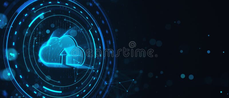 Creative Cloud Computing Hologram on Blurry Dark Wide Blue Background. Server and Data Concept ...