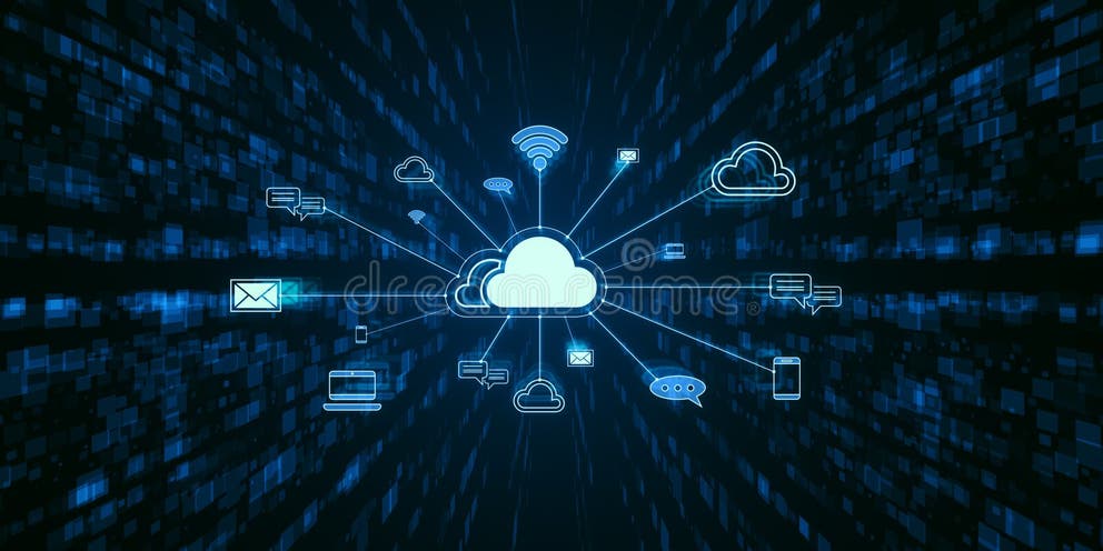 Creative Cloud Computing Hologram with Various Icons on Dark Backdrop ...