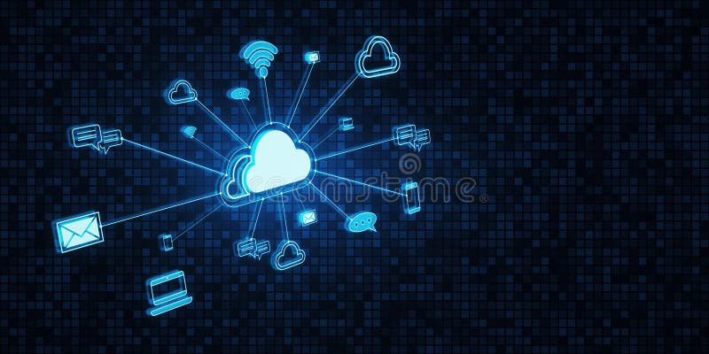 Creative Cloud Computing Hologram with Various Icons on Dark Background ...