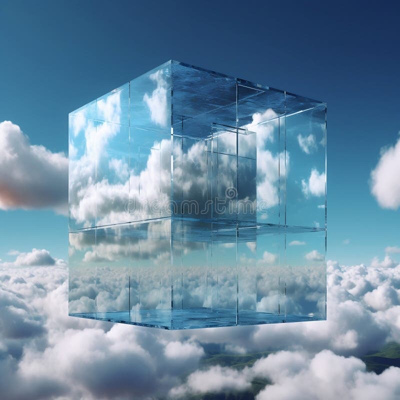Creative Cloud Concept: Glass Cube. Generative AI Stock Illustration ...