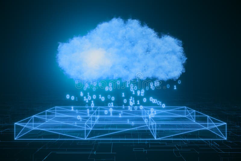 Creative Cloud Hologram with Binary Code Rain on Blurry Background. Cloud Computing and ...