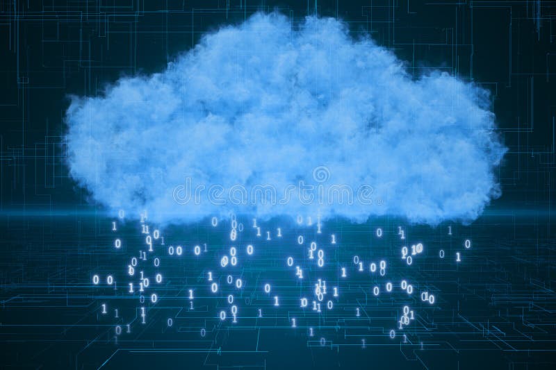 Creative Cloud Hologram with Binary Code Rain on Blurry Wallpaper. Cloud Computing and ...