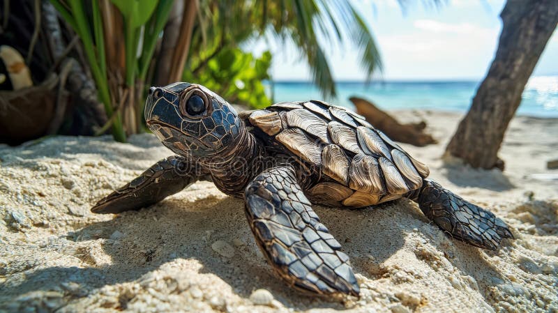 Creative Coconut Shell Turtle Figure Beachside Art Installation Nature Relaxing Environment ...