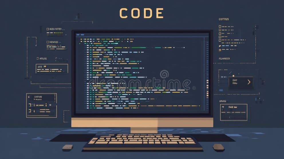Creative Coding Workspace with a Computer Displaying Colorful Lines of Code and Various ...