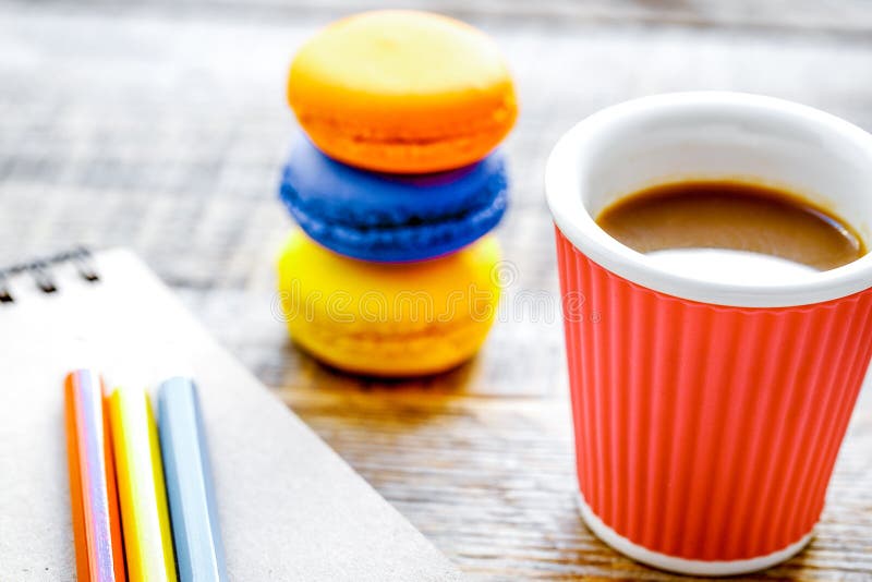 Creative Coffee Break with Macaroon on Wooden Table Stock Image - Image ...