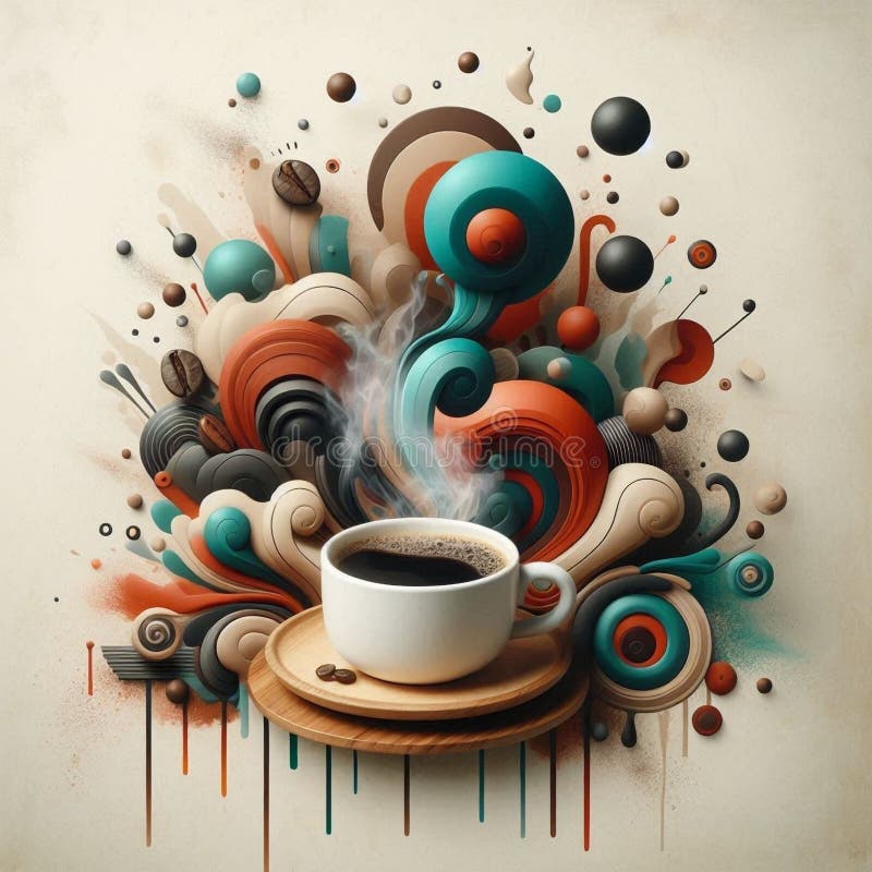 Creative Coffee Break: Stylized Coffee Cup with Swirls and Splashes in ...