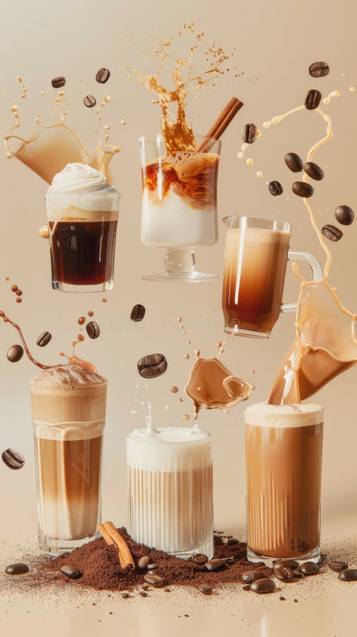 Creative Coffee Splash Art with Assorted Beverages and Creamy Toppings ...