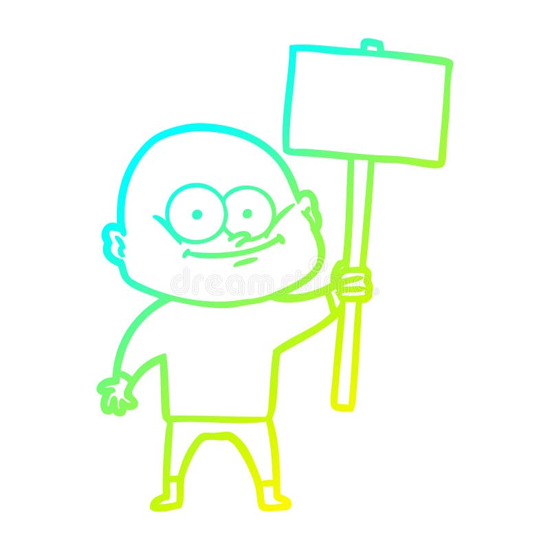 A Creative Cold Gradient Line Drawing Cartoon Bald Man Staring with ...