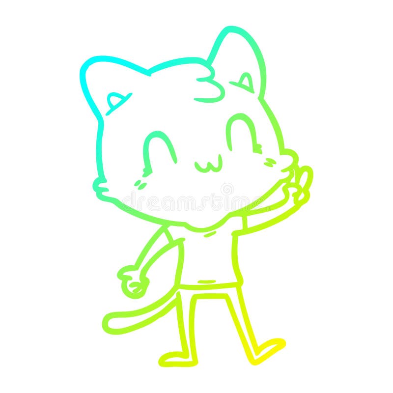 A Creative Cold Gradient Line Drawing Cartoon Happy Cat Giving Peace ...