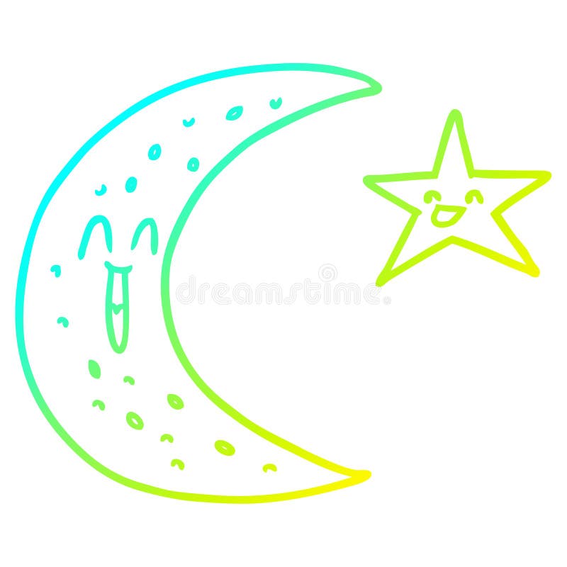 A Creative Cold Gradient Line Drawing Happy Cartoon Moon and Star Stock ...