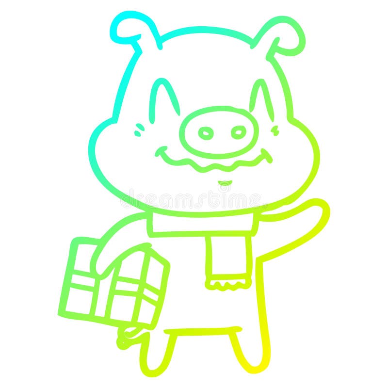A Creative Cold Gradient Line Drawing Nervous Cartoon Pig with Present ...