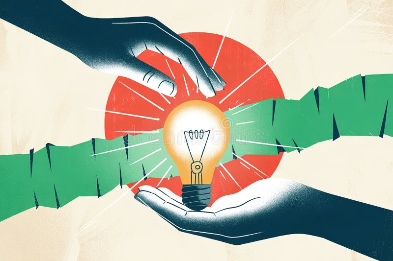 Creative Collaboration Hands Guiding Light Bulb with Geometric Shapes ...