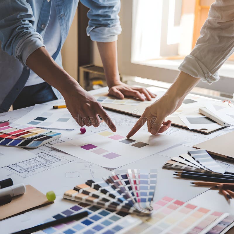 Creative Collaboration, Workspace with Color Swatches, Blueprints ...