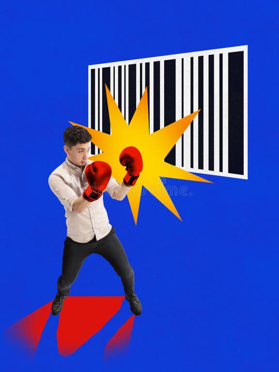 Creative Collage. Boxer Fighting Barcode As Symbol of Consumerism and ...