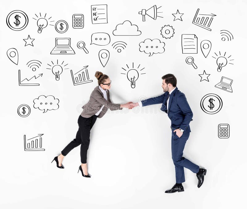 Creative Collage of Business Partners Shaking Hands with Various Stock ...