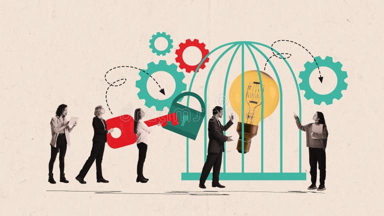 Creative Collage. Business Team Unlocking Lightbulb with Key ...