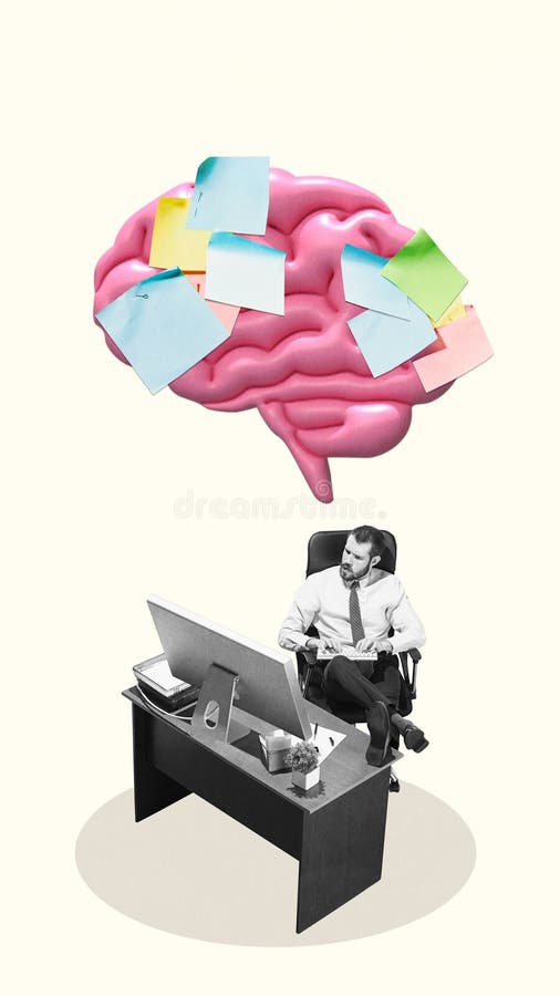 Creative Collage. Businessman at Desk Under Brain Filled with Sticky ...