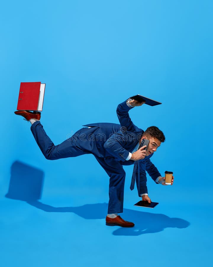 Creative Collage. Businessman with Multiple Hands, Balancing on One Leg ...