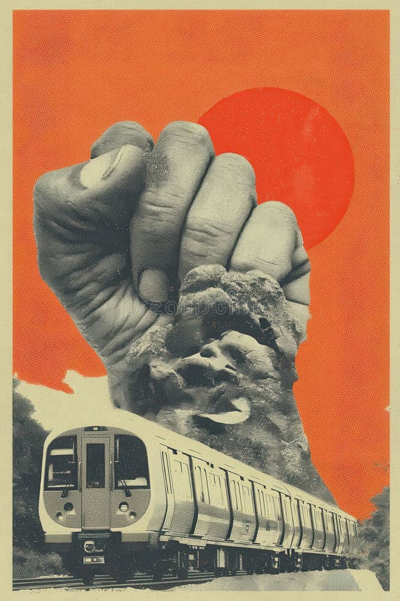 Abstract Collage with a Raised Fist, Train, Sun, and Textured ...