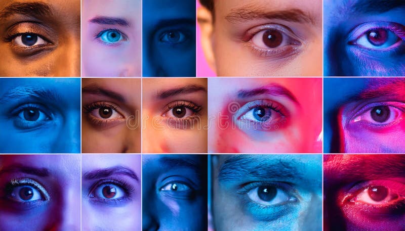 Collage of Diverse Human Eyes with Dynamic Colored Lighting. Ai ...