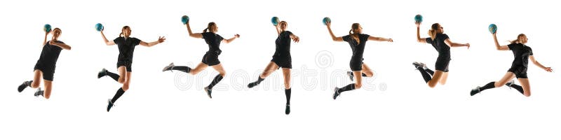 Creative Collage. Female Handball Player Leaping, Throwing, Scoring in ...