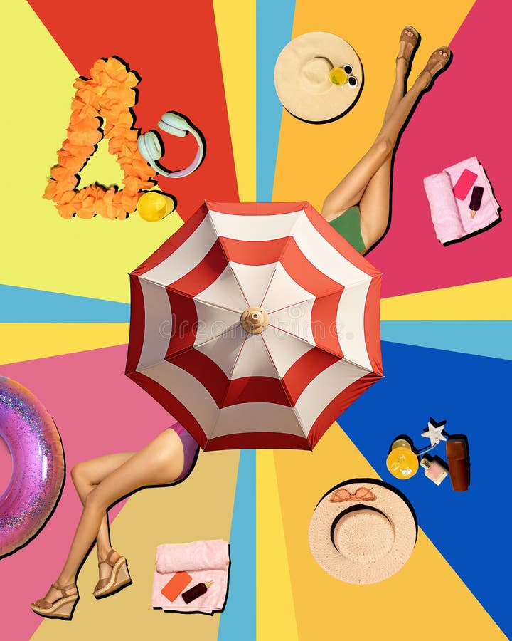 Creative Collage Female Legs On Multicolored Background Sunbathing