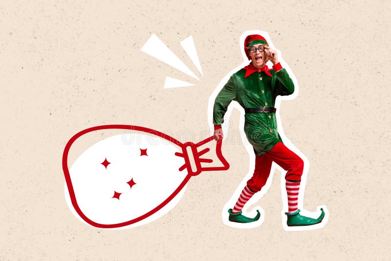 Creative Collage of Funky Elf Guy Hand Touch Glasses Carry Painted ...