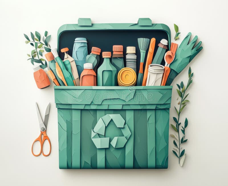Creative Collage of Green Bin Filled with Eco-friendly Items Stock ...