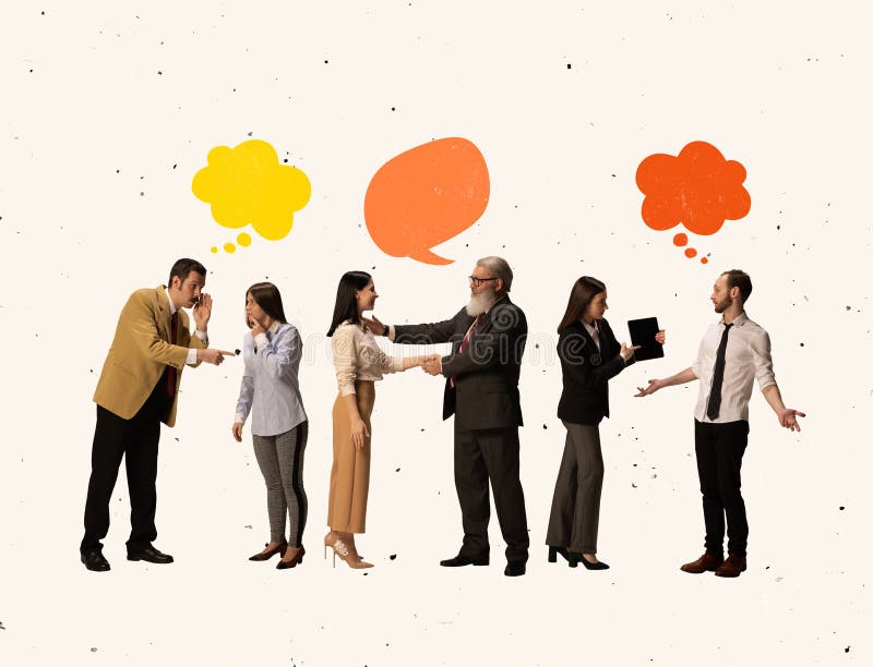 Creative Collage of Group of People Communicating, Having Business ...