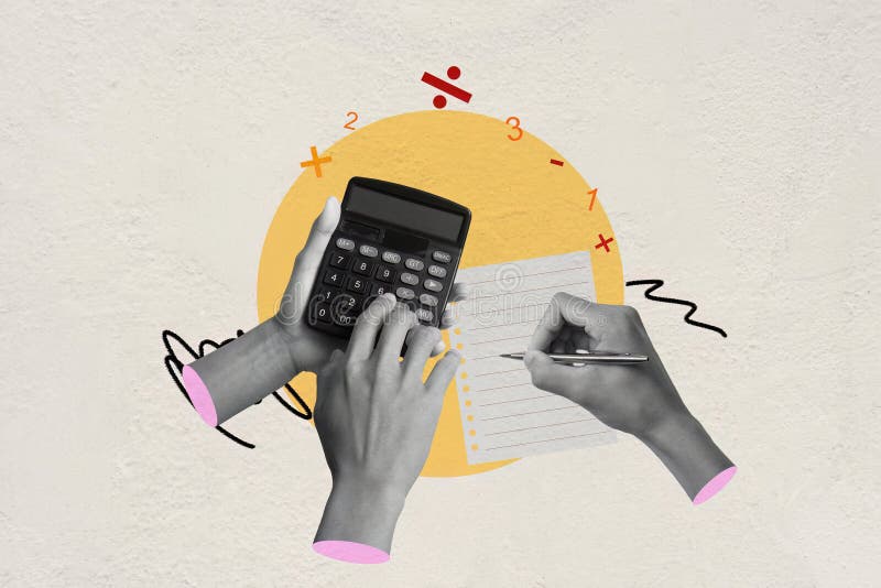Creative Collage of Hands Calculating with Calculator and Notepad on ...