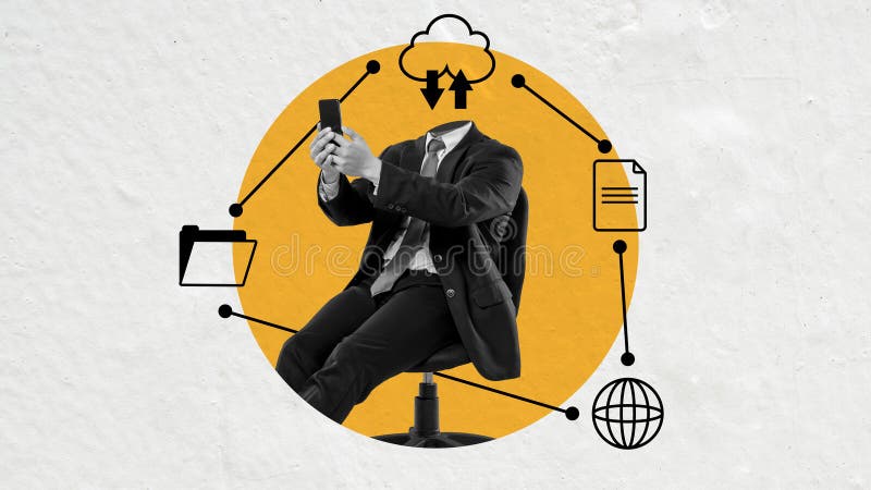 Creative Collage of a Headless Businessman Using a Phone, Surrounded by ...