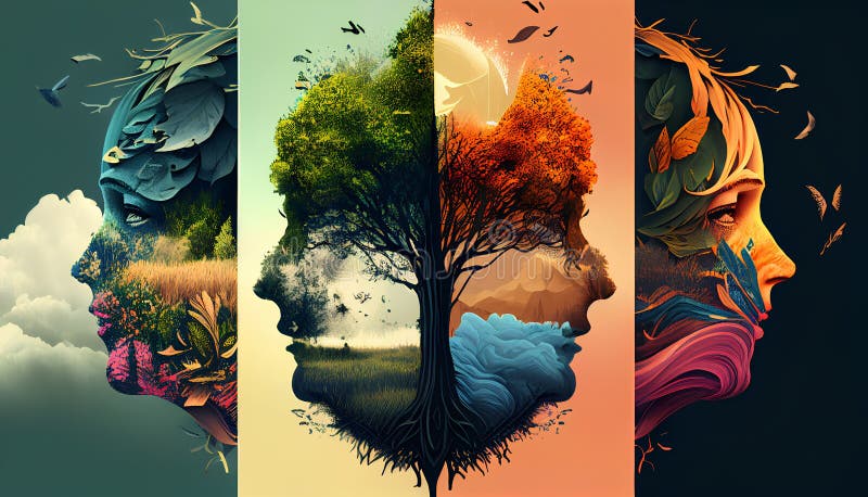 Creative Collage with Human Head and Nature Landscape. Vector ...