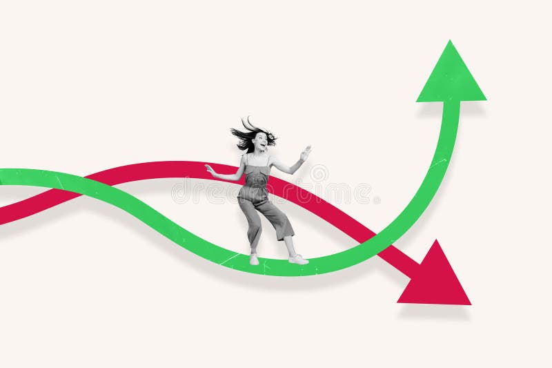 Creative Collage Illustration Picture Standing Young Woman Arrow Upwards Arrow Downwards Symbol ...