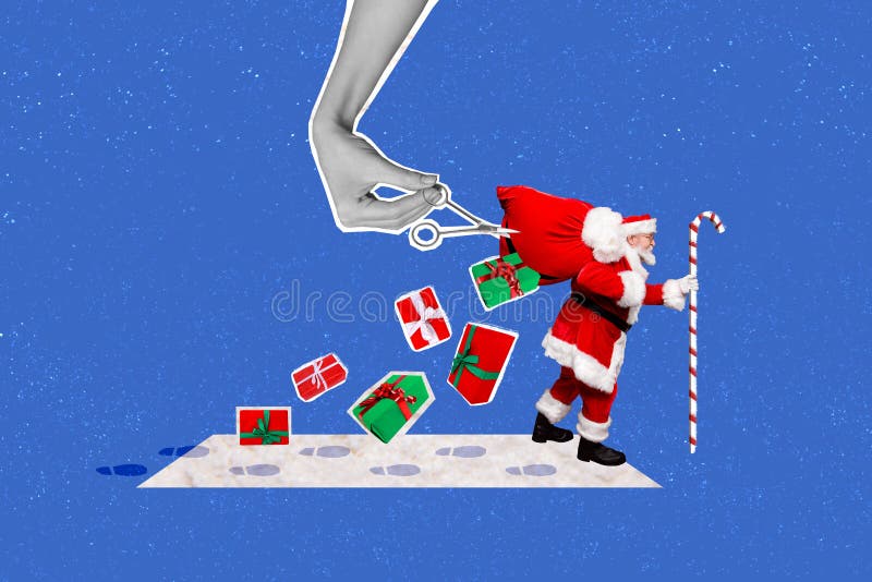 Creative Collage Image of Black White Arm Hold Scissors Cut Mini Santa ...