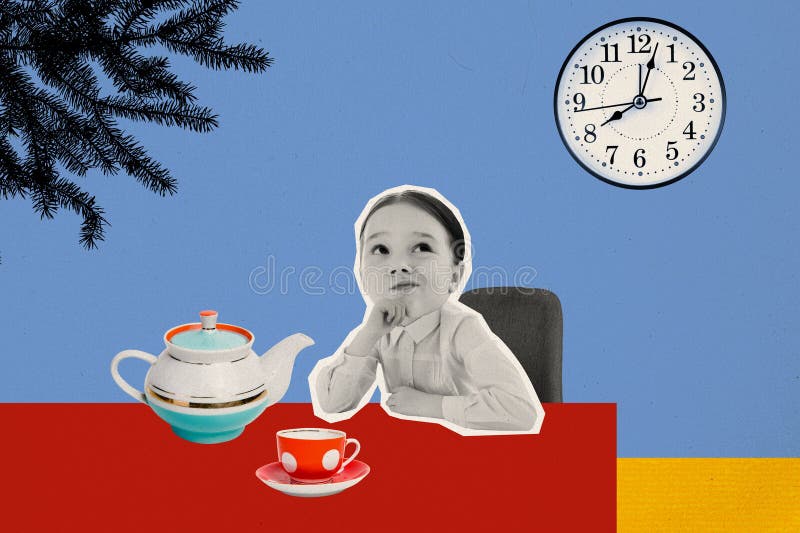 Creative Collage Image of Black White Effect Girl Contemplate Table Tea ...