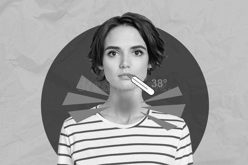Creative Collage Image of Black White Effect Sick Girl Hold Thermometer ... Creative Collage Image of Black White Effect Sick Girl Hold Thermometer ...