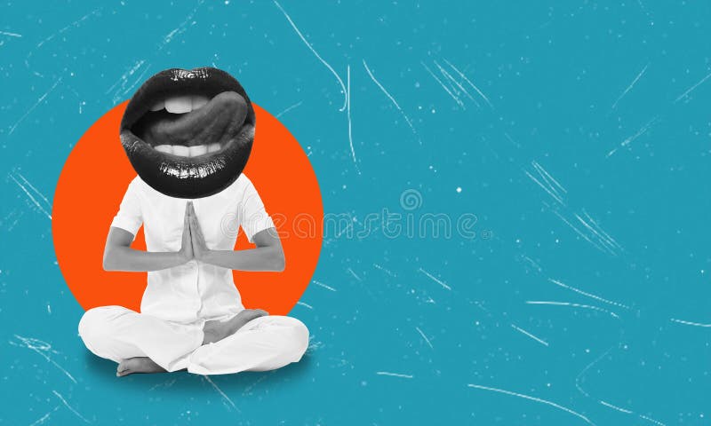 Creative Collage Image of a Man Meditating at the Head of Big Lips ...