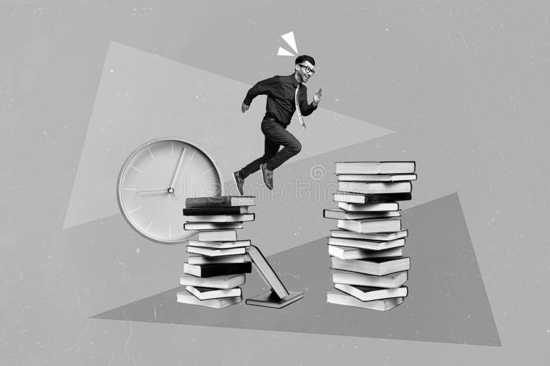 Creative Collage Image of Mini Black White Gamma Guy Jumping Running ...