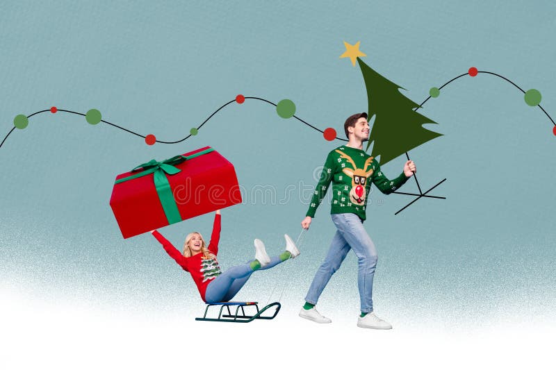 Creative Collage Image of Two Excited People Hold Christmas Tree Pull ...