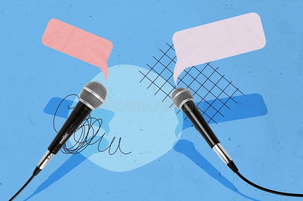 Creative Collage Image Two Microphones Speaker Interview Speech Textbox ...