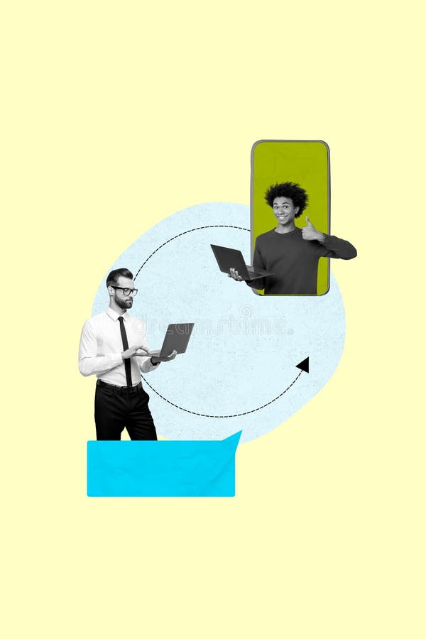 Creative Collage Image of Two People Use Gadget Speaking on Yellow ...