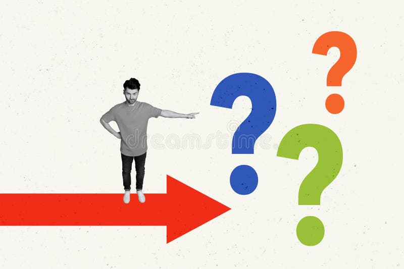 Creative Collage Image Young Angry Man Stand Point Question Marks ...